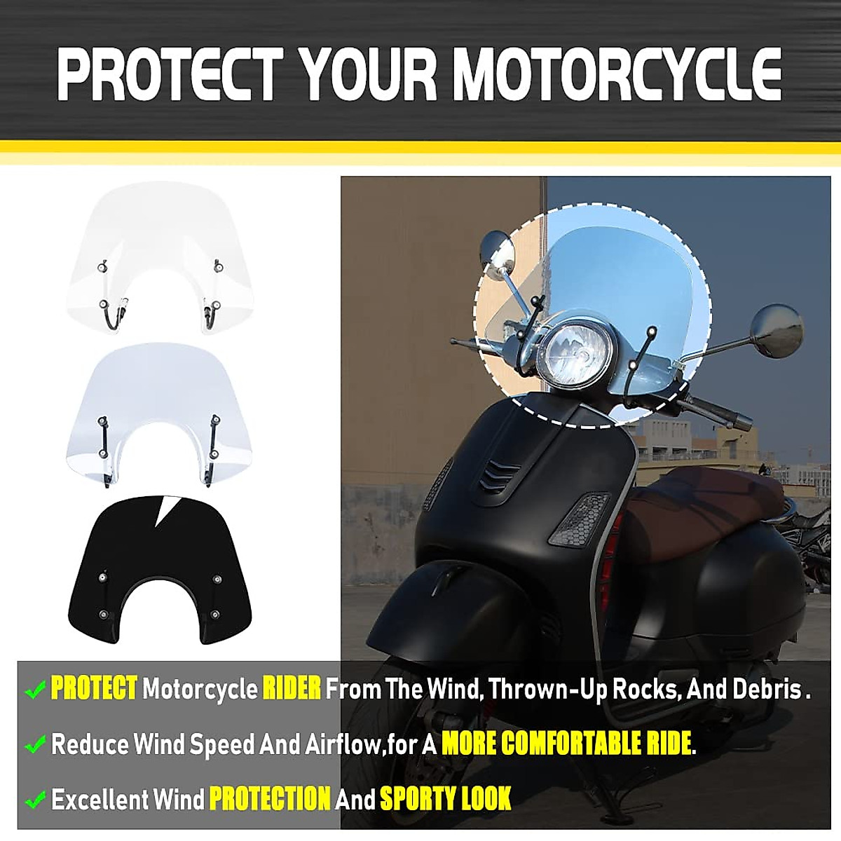 TAZGANTAX Motorcycle Windscreen Windshield Wind Deflector Protector Wind Screen compatible with Piaggio Ves-pa GT200 GTS250 GTS300 2018 2019 2021 2022 All year (Clear)