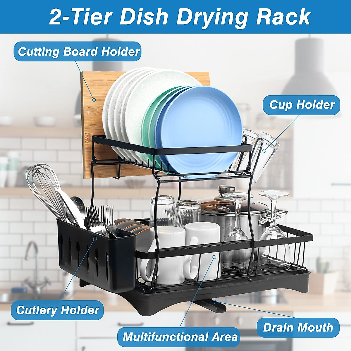 JUPELI Dish Drying Rack, 2 Tier Dish Racks for Kitchen Counter, Large Dish Drainer Strainer Dryer Tray Set, Kitchen Gadgets with Drainboard | Utensil | Cutting-Board Holder, Kitchen Organization Decor