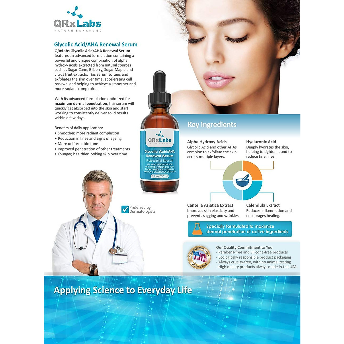 QRxLabs Glycolic Acid/AHA 15% Renewal Serum for Face - Brightening, Smoothing, Exfoliant for Night & Day - Fine Lines, Dark Spots & Wrinkles Treatment - Glycolic Acid 15% Serum - 1 fl oz Bottle