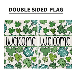 Welcome Spring St Patricks Day Garden Flags 12x18 Double Sided Burlap, Green Shamrock Lucky Sign Farmhouse Small Yard Outdoor Decorations DF197