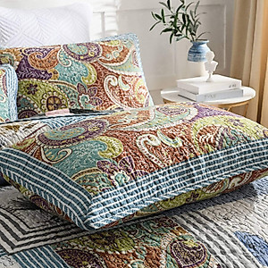 NEWLAKE Bedspread Quilt Set with Real Stitched Embroidery, Floral Paisley Grid Pattern,Queen Size