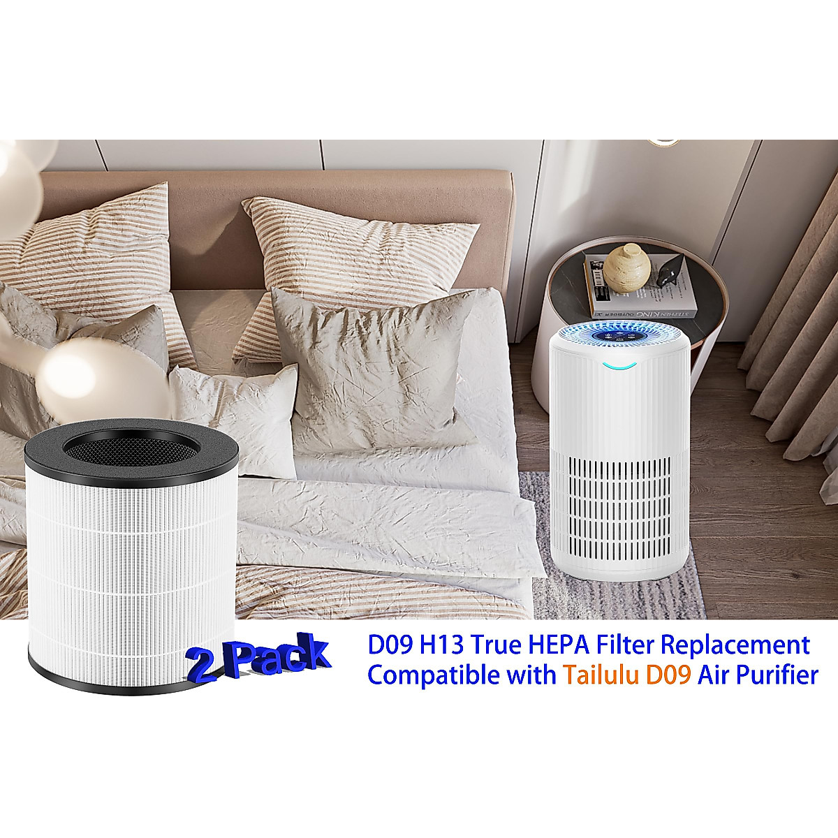 D09 Replacement Filter Compatible with Tailulu D09 Air Purifier, 3 IN 1, H13 True HEPA filter & High efficiency activated carbon & Pre-Filter, 2 Pack