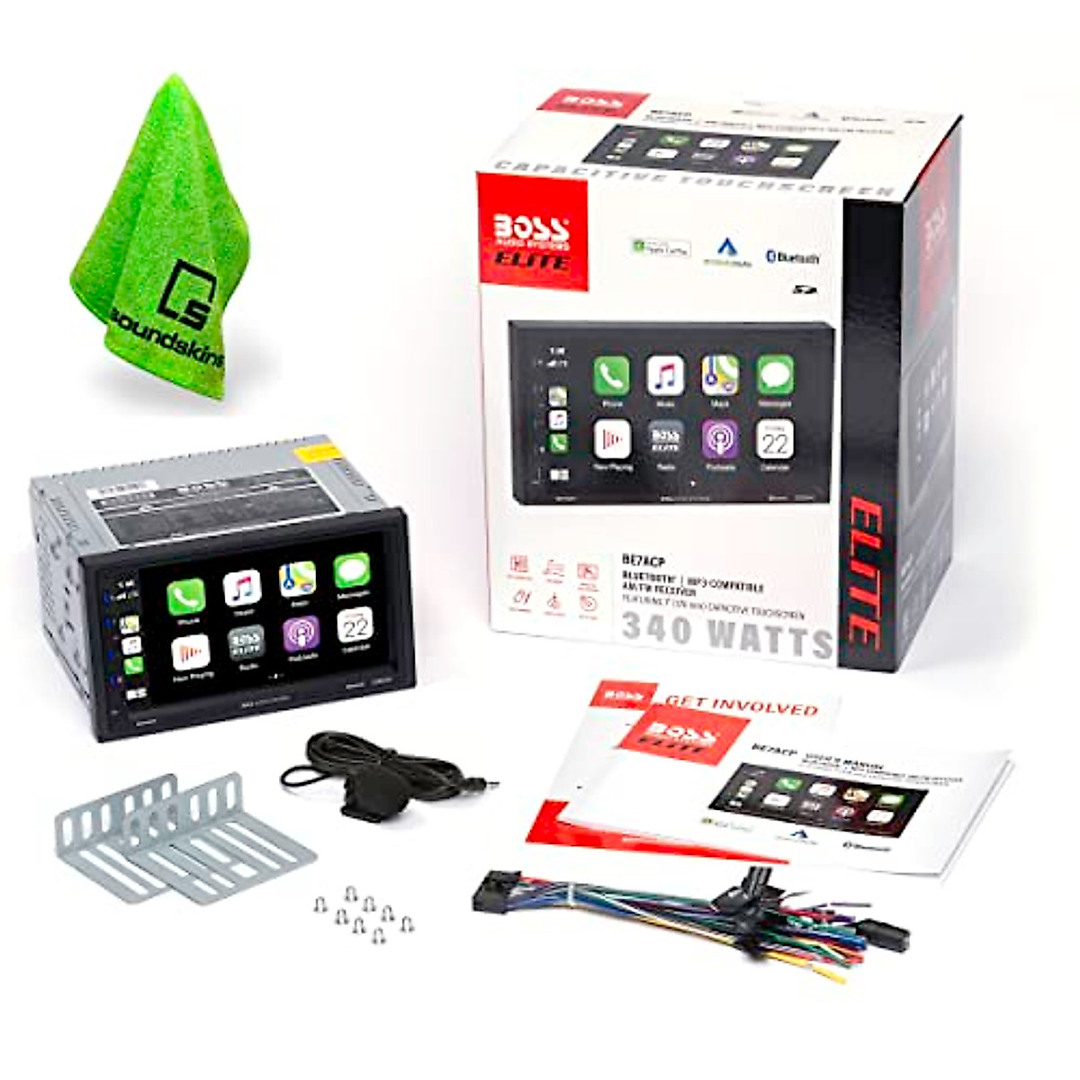 BOSS Audio Systems Elite Series CRBE7ACP Car Stereo System - Apple CarPlay, Android Auto, 7 Inch Touchscreen, Bluetooth, No CD Player, Certified Manufacture Reconditioned, SoundSkins Screen Cloth