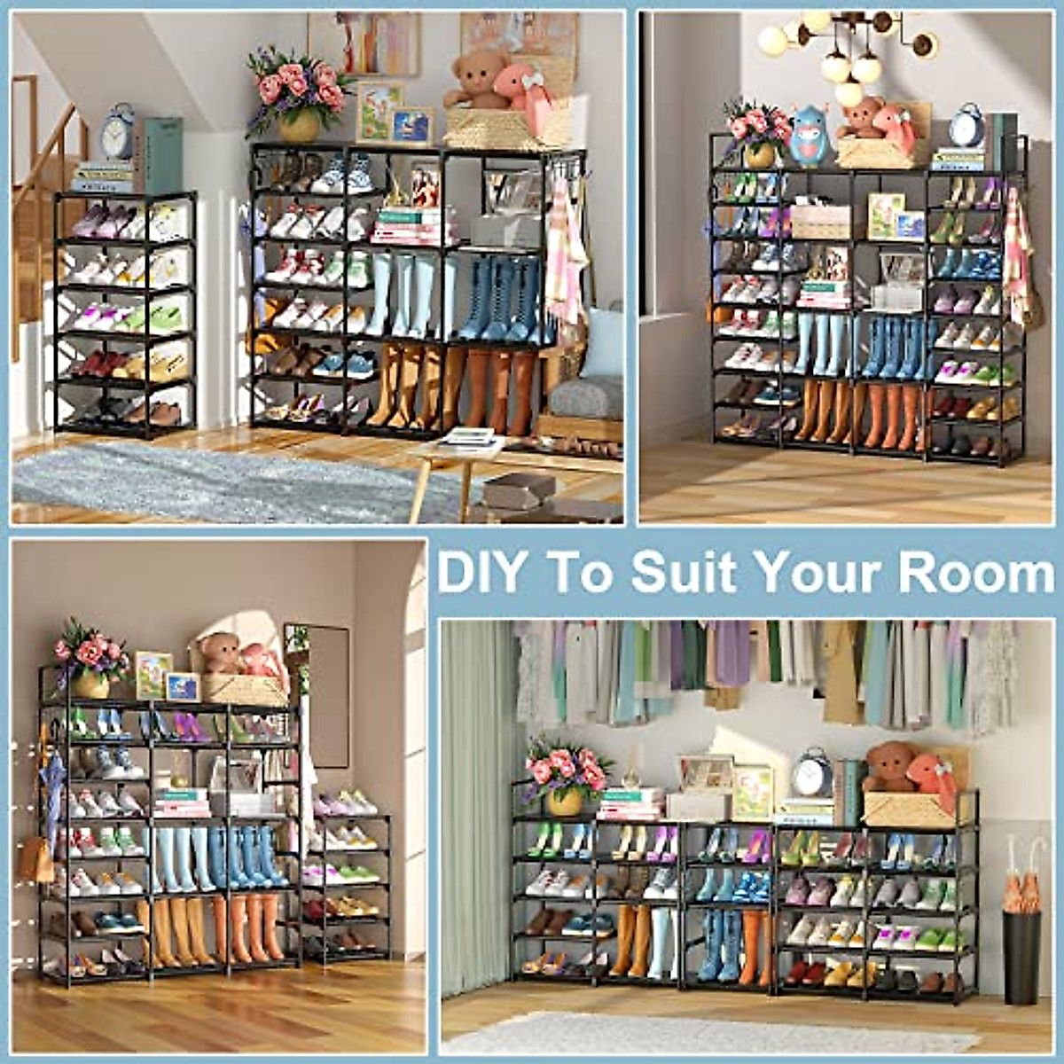 Huolewa Large Shoe Rack Organizer Storage, 4 Row 9 Tier for Bedroom Closet Entryway, Free Standing Tall Metal Shelf Stand, Sturdy Big Black Garage Shoe Holder for 64-72 Pair