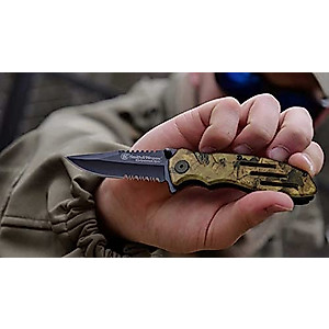 Smith & Wesson Extreme Ops SWA24S S.S. Folding , Tactical Knife with 3.1in Serrated Clip Point Blade, Aluminum Handle for Survival , Hunting Knife as Pocket Knife for Men Camouflage