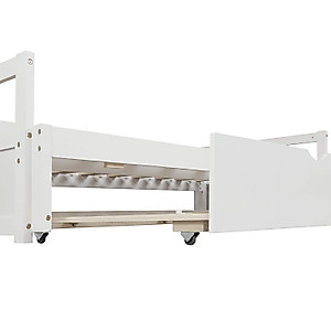 Bed Frame, Wooden Mattress Foundation with Roll Out Trundle Accommodate, Sofa Bed-Frame,Easy Assembly,White