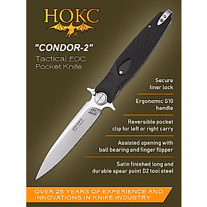 HOKC Condor-2 | 341-100401 | Pocket Knife, EDC Knife by Official Dealer - Designed by Russian Master Aleksander Biryukov - Liner Lock, G10 Handle, Thumb Stud, Finger Flipper, Reversible Pocket Clip, Long and Durable D2 Stainless Tool Steel, Satin Finished