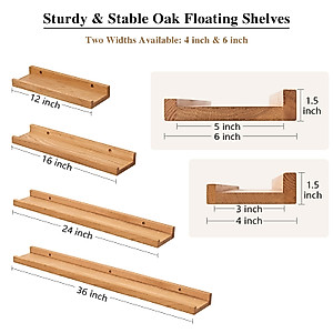 Oak Floating Shelves 24 Inch Wall Shelves for Decor and Storage, 4 Inch Deep Natural Solid Wood Shelf, Picture Ledge Shelf for Bedroom Bathroom Living Room KitchenLaundry Room