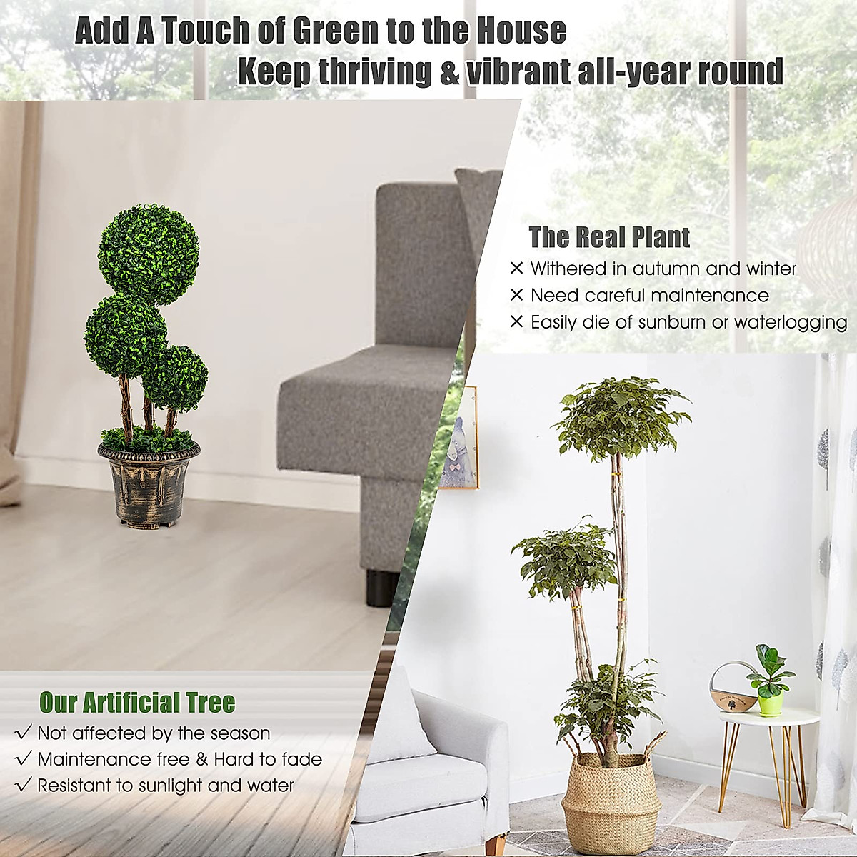 Goplus 2.5 Ft Artificial Boxwood Topiary Tree, Fake Greenery Plants Triple Ball Tree, Leaves & Cement-Filled Plastic Flower Pot Decorative Trees for Home, Office, Indoor and Outdoor Use