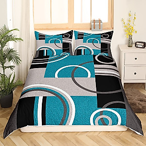 Erosebridal Modern Turquoise Decor Duvet Cover Gray Black Blue Stripe Geometric Bedding Set Full Size Retro Circle Swirls Comforter Cover Modern Abstract Texture Color Art Quilt Cover