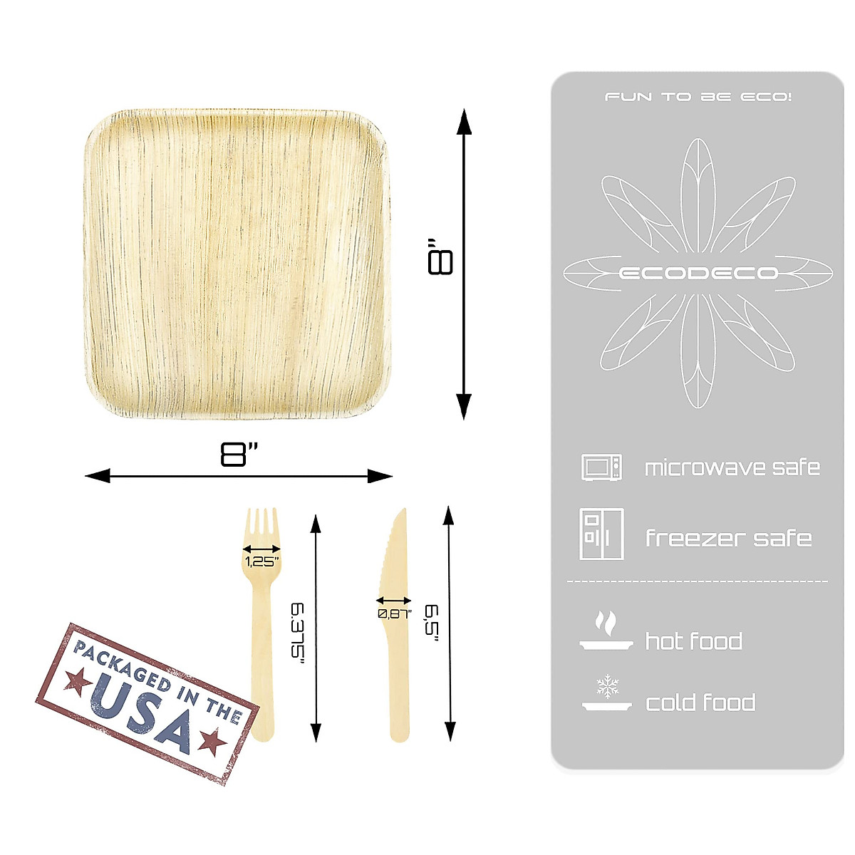 Ecodeco Palm Leaf Compostable Plates - 50 pcs - Square - Disposable Eco Friendly Like Bamboo Party Plates with Cutlery - 8 Inch