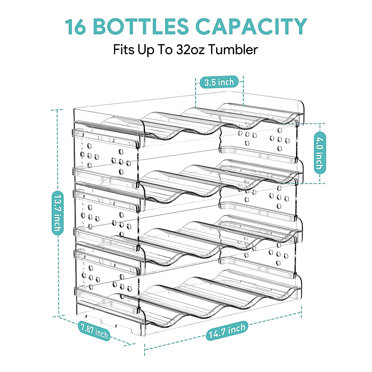 4 Tier Water Bottle Organizer - 16 Bottles, Stackable Cup Organizer for Cabinet, Countertop, Pantry & Fridge, Free-Standing Kitchen Tumbler Storage Holder for Wine and Drink Bottles, Clear Plastic
