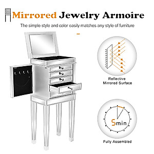 VINGLI Mirrored Jewelry Armoire, Mirror Jewelry Cabinet Standing with 6 Drawers & 2 Side Doors, Jewelry Armoire Cabinet, Standing Jewelry Box, Mirrored Jewelry Chest, Standing Jewelry Box, Silver