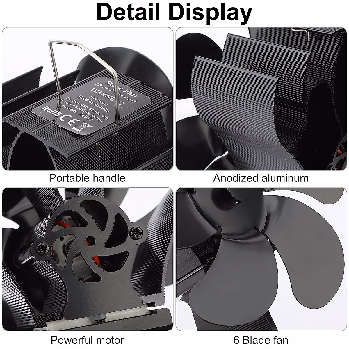 Wood Stove Fan,6 Blades Wood Stove Fan Heat Powered,Silent Design Powered High Efficiency Fireplace Fan,Wood Stove Accessories,Non Electric Fan for Wood/Log Burner Stove(Include Magnetic Thermometer)