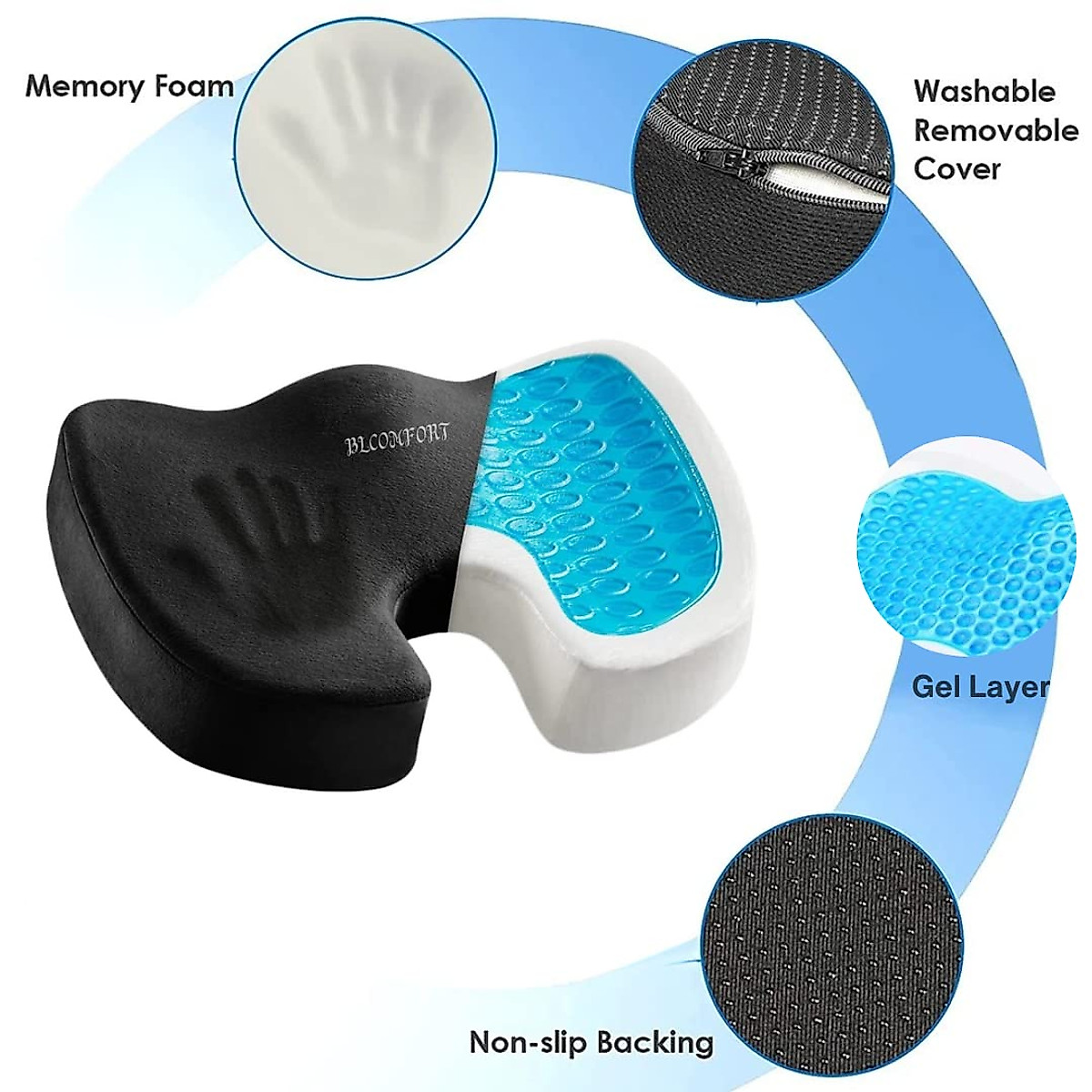 BLCOMFORT Seat Cushion for Desk Chair Gel Infused Pillow-Coccyx, Sciatica, Lumbar Support, Lower Back, Tailbone and Hemorrhoid-Washable Cover-Ideal for Work, Driving, Hard Surface and Flight Chair