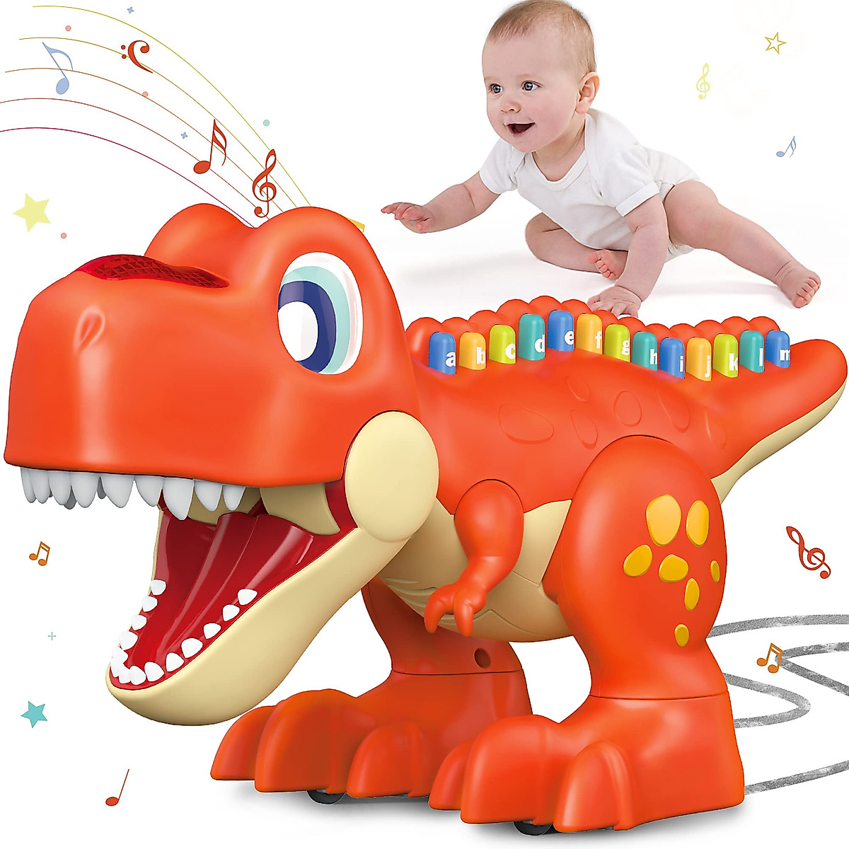 Baby Dinosaur Musical Toys 6-12-18 Months，Toddler Music Dinosaur Toy, Animal Push Toys for Toddlers 1-3, 26 Key Light and Sound Toys