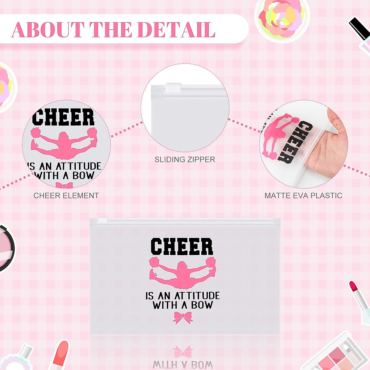 Sweetude 150 Pcs Cheerleader Gifts Bulk Cheer Makeup Bag Cosmetic Cheerleading Bag with Zipper Clear Cheerleader Travel Pouch Cheerleading Case for Girls Teammates Toiletry Accessories Gifts, 5 Styles