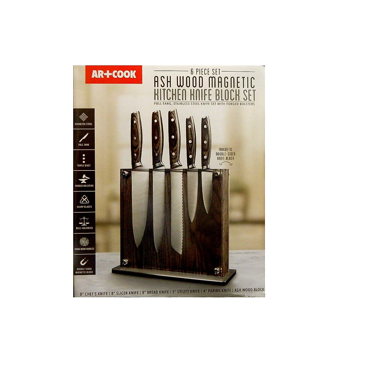 Art and Cook Stainless Steel 5 Piece Knife Set with 1 Magnetic Block: 8" Chef's Knife, 8" Slicer Knife, 8" Bread Knife, 5" Utility Knife, 3.5" Paring Knife, 1 Ash Wood Block