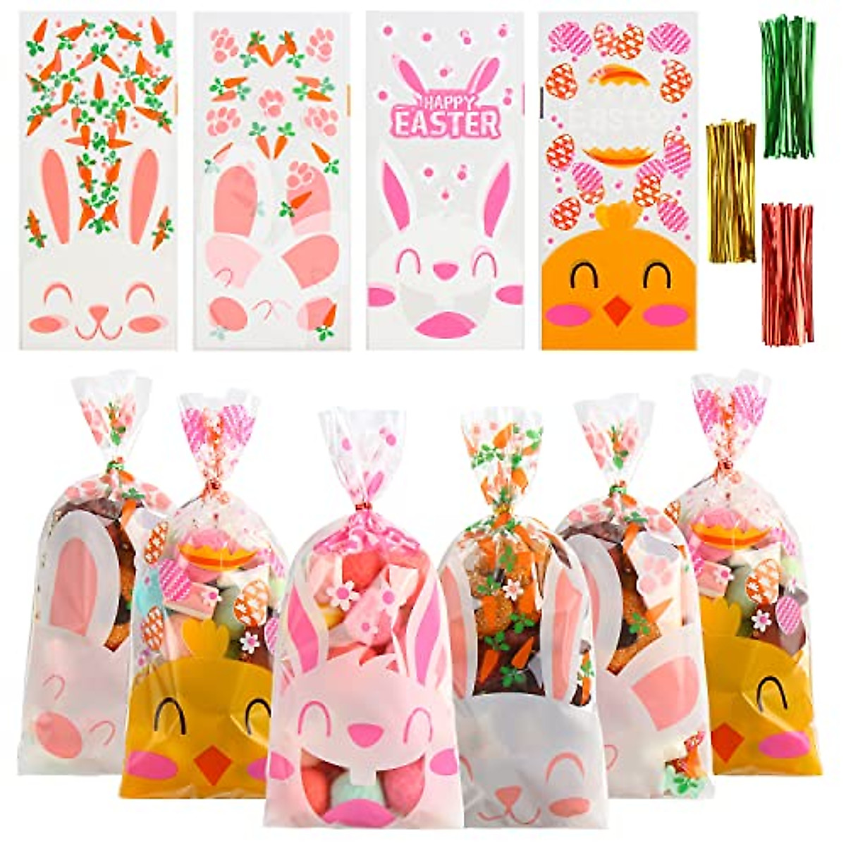 LOKIPA Easter Celllophane Treat Bags, 120 Pieces Clear Easter Candy Bags with 150 Twist Ties for Easter Supplies