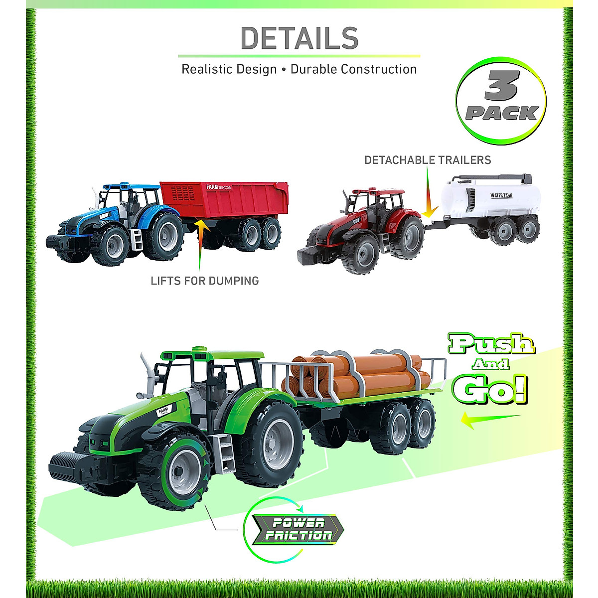 Mozlly Friction Powered Farm Tractor Trailer Toy Set - 16-inch Tractor Trailer Toys for Boys and Girls, Red Water Tank, Blue Farm Tractor, and Green Log Truck Toy, Farming Tractors Playset (3 Sets)