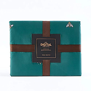 RoyalLinens 4 Piece Luxury Emerald Green Duvet Cover Set 100% Cotton 60S Sateen Bedding Sheets Percale Bedclothes with Bees Printed Bed Linen (Queen Size 4pcs)