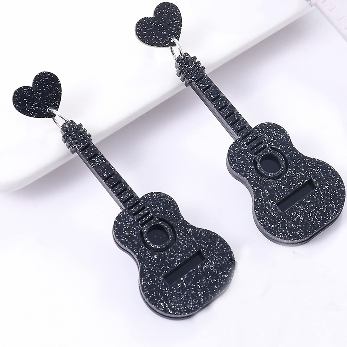 Acrylic Cute Music Bass Electric Guitar Earrings Charms Instrument Drop Dangle Jewelry Gifts for Women (Heart Shape- Black)