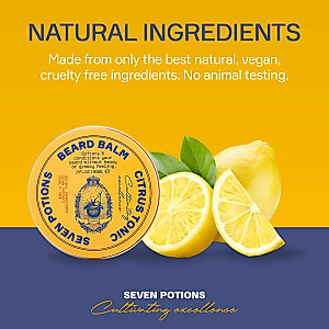 SEVEN POTIONS Beard Balm for Men — Conditioning Beard Softener to Nourish Skin, Facial Hair, and Stop Beard Itch — All-Natural, Vegan, Cruelty Free — Citrus Tonic (2 FL OZ)