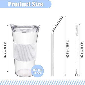 2 pcs Iced Coffee Cups with Lids, 16 oz Glass Cups with Lids and Straws, Reusable Tumbler with Silicone Sleeve, Wide Mouth Can Shaped Drinking Glasses for Coffee Juice Water Smoothie (White)