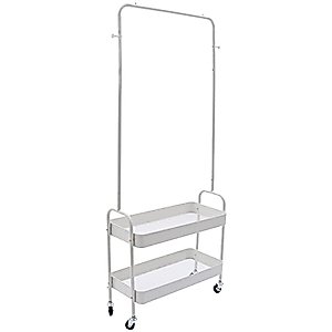 Free-Standing Rolling Garment Rack with 2 Tier Metal Basket, Rolling Storage Cart Clothes Hanging Organizer Coat Rack Storage Stand for Bedroom Laundry Small Place 26.4 x 11.8 x 62.6in