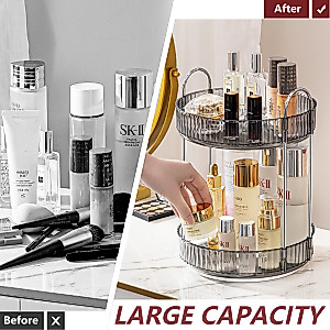 INVSSENE 360° Rotating Makeup Organizer, Bathroom Make Up Spinning Holder Rack, Large Capacity Cosmetics Storage Vanity Shelf Countertop, Fits Cosmetics, Perfume, Skincare, Lipsticks(2 Tiers, Gray)