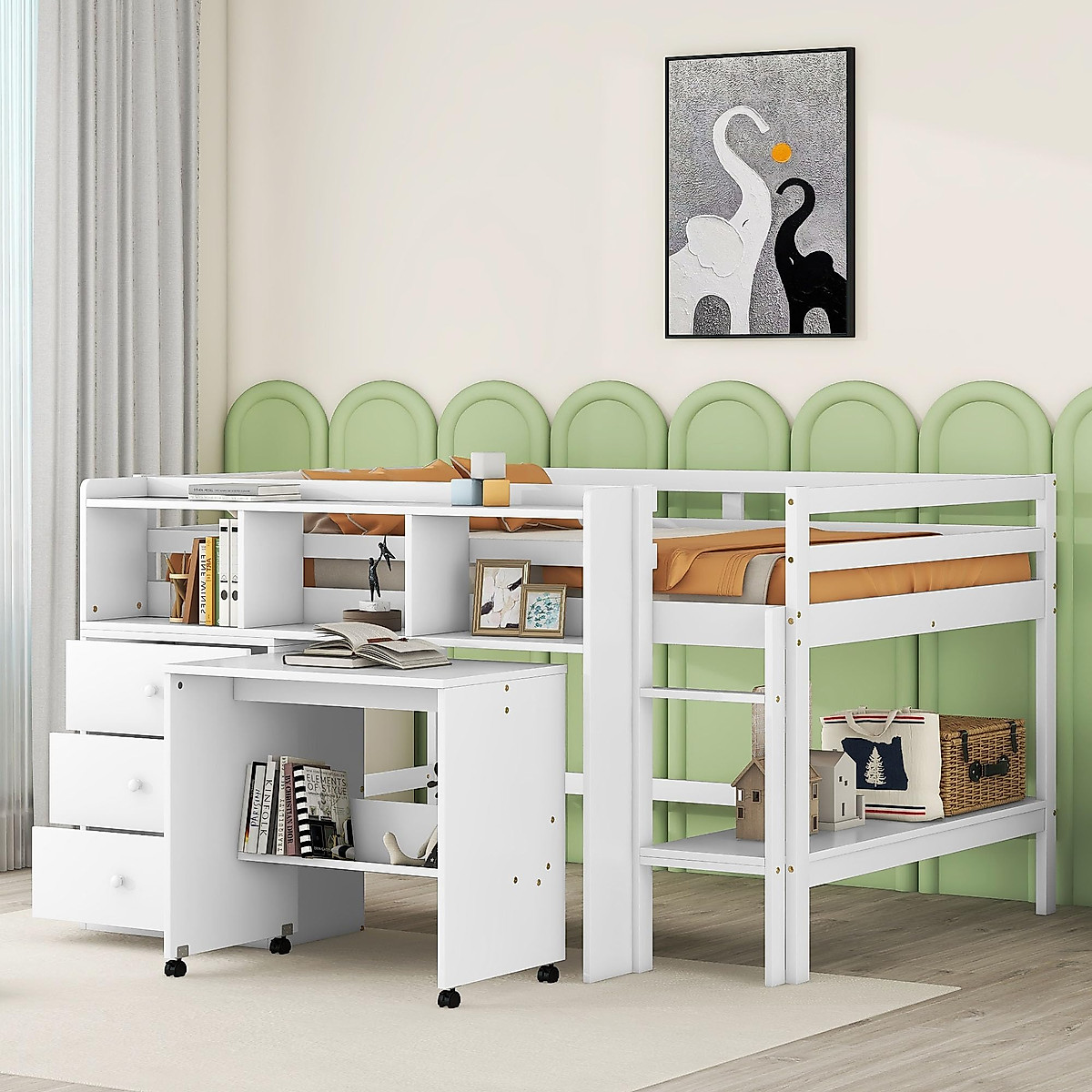 Bellemave Low Full Loft Bed with Desk and Storage Drawers Wood Kids Loft Beds Frame with Storage Shelves & Rolling Portable Desk for Juniors, Teen, Boys, Girls, Full Size, White