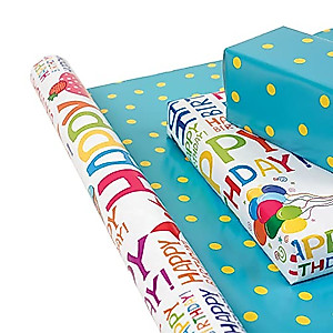Current Happy Birthday Words with Dots Reversible Double-Sided Jumbo Gift Wrap Roll, 23 inches x 32 feet per roll