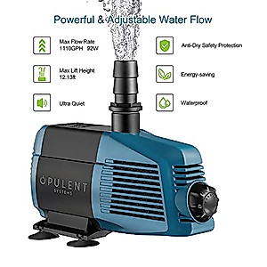 OPULENT SYSTEMS 1100GPH 92W Submersible Pump (4125L/H) Ultra Quiet Water Pump with 10FT Long Power Cord for Fish Tank, Pond, Aquarium, Statuary and Hydroponics