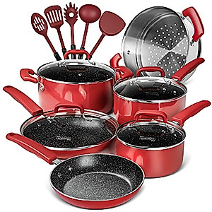 MICHELANGELO Pots and Pans Set Nonstick, 15 Pcs Kitchen Cookware Sets with Porcelain Enamel Exterior and Nonstick Granite-derived Coating, Enamel Cookware Set with 5 Utensils - Red
