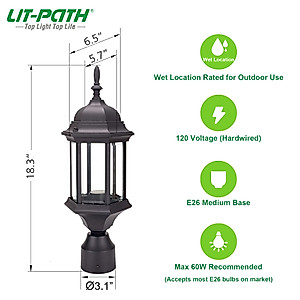 LIT-PaTH Outdoor Post Lighting Fixture Pole Lantern, E26 Medium Base Max 60W, Aluminum Housing Plus Glass, 1-Pack, Black Finish