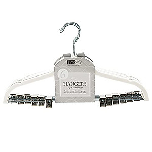 Simplify 6 Pack Velvet Hangers with Clips | Skirt and Pants | Slim Space Saving | Closet Organization | Non-Slip | Prevent Creases | Swivel Neck | Durable | White
