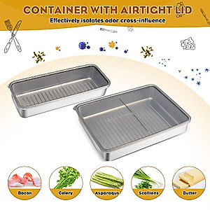 Maxcheck 6 Pcs Stainless Steel Food Containers with Lids 2 Metal Bacon Container for Refrigerator 2 Cheese Deli Meat Steamer Airtight Bacon Keeper 2 Food Clips for Freezer Buffet Kitchen