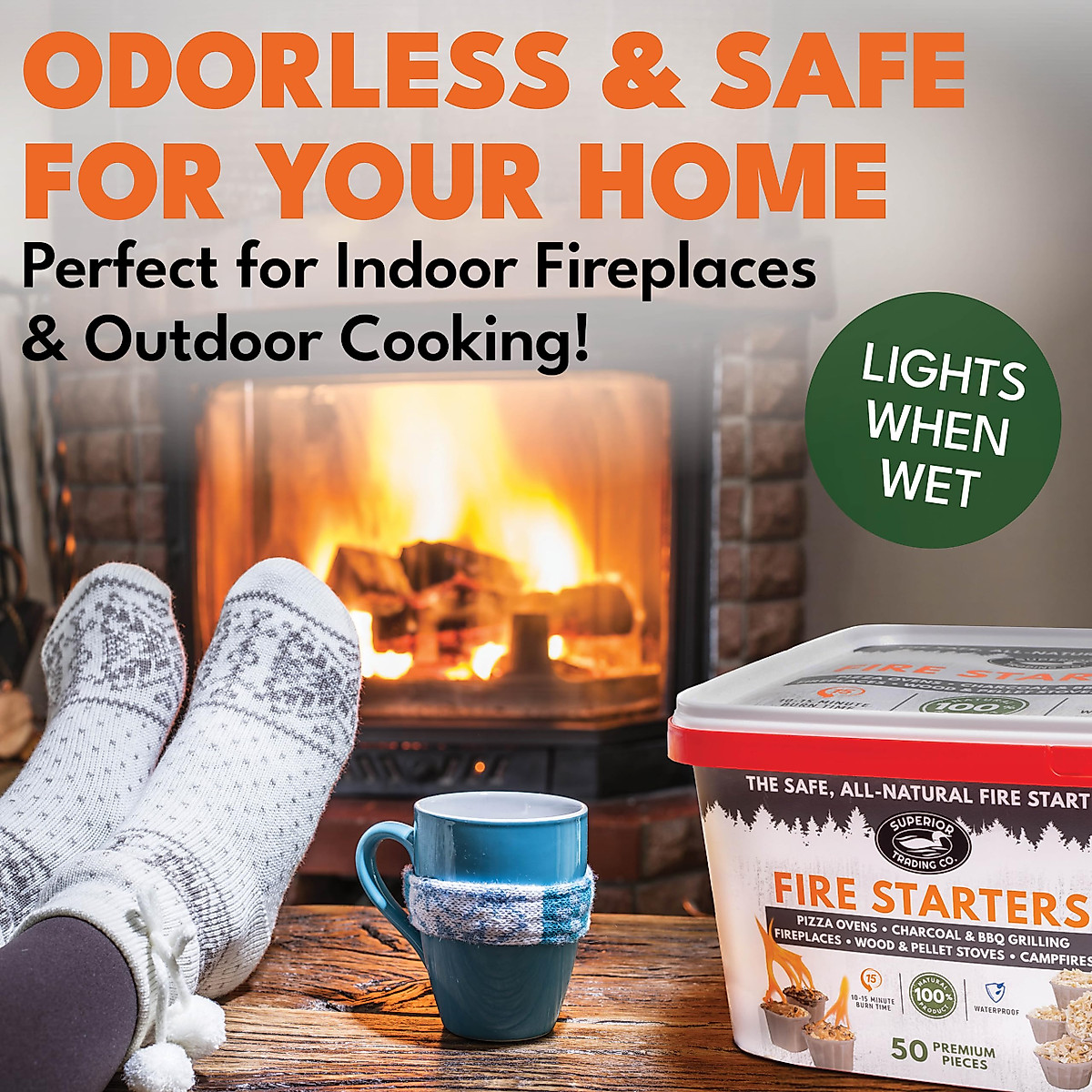 Superior Trading Co. All Natural Fire Starter 10-15 Minute Burn for BBQ, Campfire, Charcoal, Pit, Wood & Pellet Stove, 50 Extra Large Pods, Waterproof for Indoor/Outdoor Fire Starter, Brown