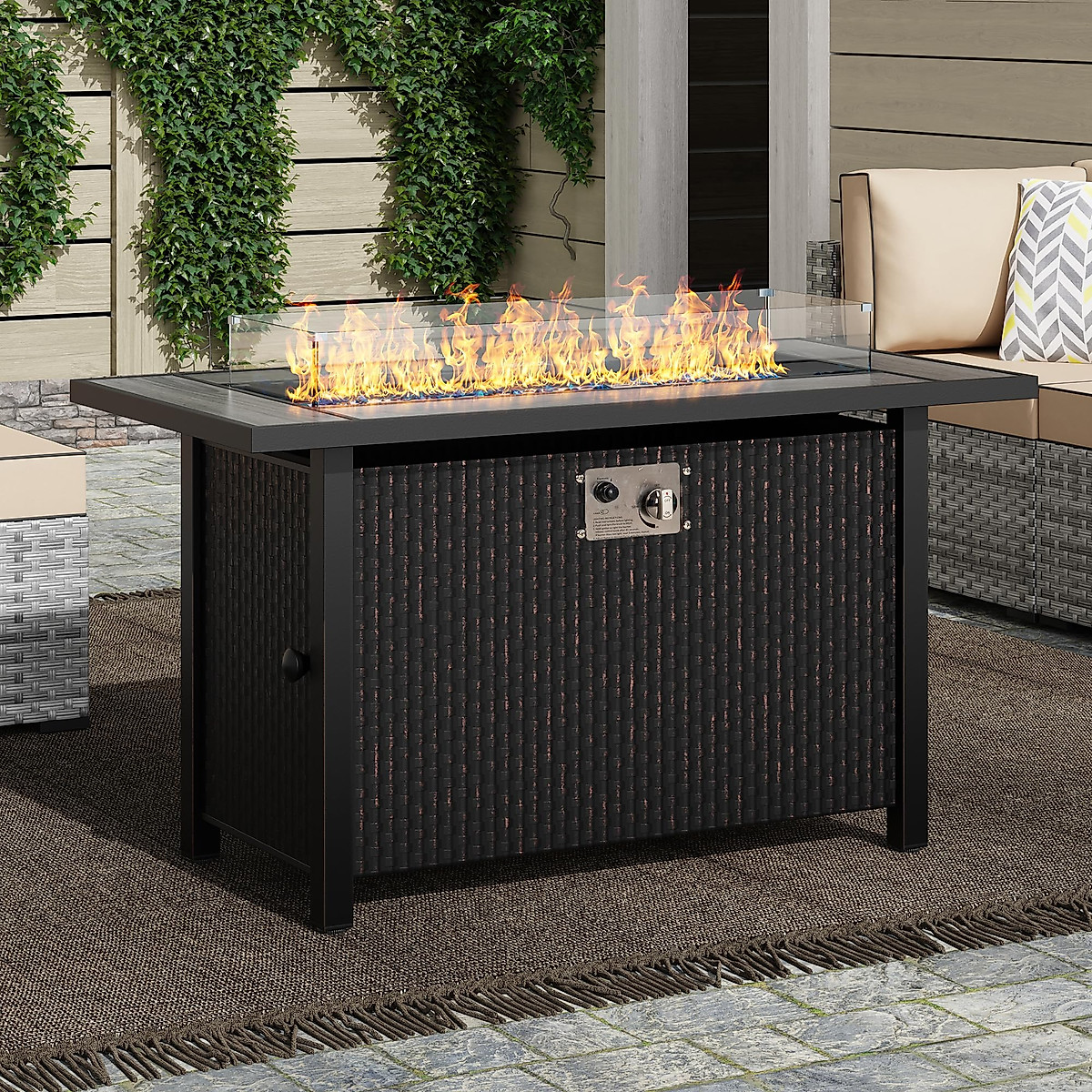 SUNLEI 45" Propane Fire Pit, Outdoor Fire Pit Tables Rectangular Tabletop with Lid and Blue Fire Glass, 50000 BTU Glass Wind Guard and Tables for Outside Patio, Backyard…