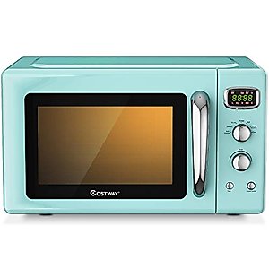 COSTWAY Retro Countertop Microwave Oven, 0.9Cu.ft, 900W Microwave Oven, with 5 Micro Power, Defrost & Auto Cooking Function, LED Display, Glass Turntable and Viewing Window, Child Lock