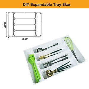 TUNGTAR Custom silverware drawer tray16'' expandable utensil holder tray for drawer utensil organizer kitchen Flatware Storage Drawer Dividers Holder 6in1 (White, Large),10.25 * 15.5'' 6IN1