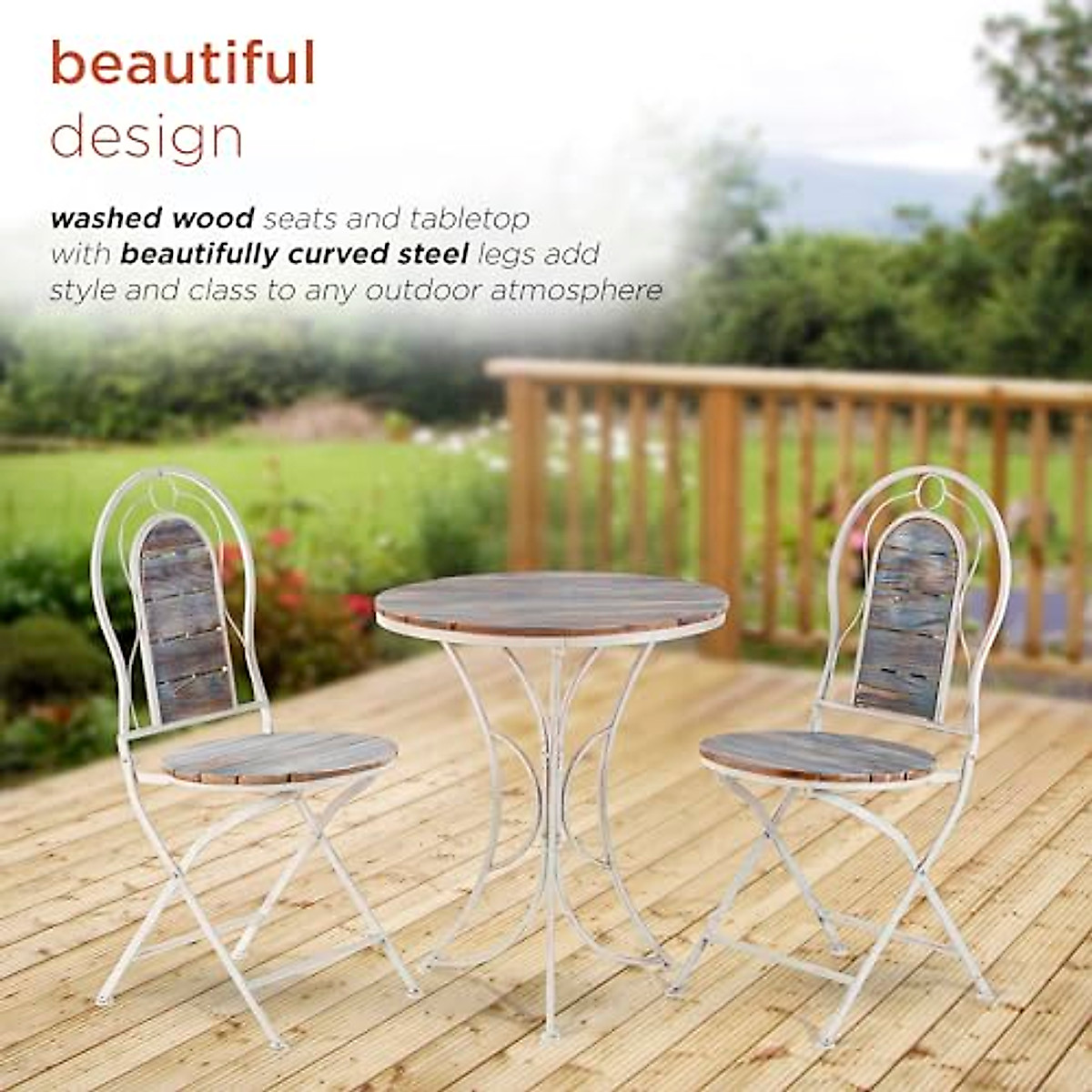 Alpine Corporation Indoor/Outdoor 3-Piece Wood and Metal Bistro Set Table and Folding Chairs Patio Seating