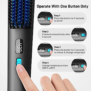 Hair Straightener Brush, AmoVee Ionic Hair Straightener Comb,15s Fast Heating up, 5 Adjustable Temp 285℉-430℉, Auto Temp Lock Straightening Brush for Home Salon, Dual Voltage, Blue