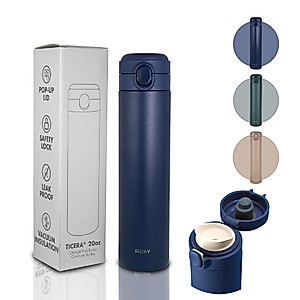 WOKY TICERA 20oz Titanium Ceramic Ultralight Push Button Commuter Bottles - Stainless Steel Vacuum Insulated Tumbler - Everyday Use (Blue)
