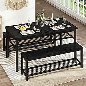 Lamerge 3-Piece Dining Table Set, Black Dining Table with Storage Shelf, Kitchen Table and Chairs Set for 4, Dining Table Set with 2 Benches, Industrial Dining Table Set for Dining Room, Kitchen