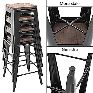 JUMMICO Metal Bar Stools Indoor Outdoor Stackable Modern 24 Inches Metal Counter Height Industrial Barstools with Wooden Seat Set of 4 (Black)