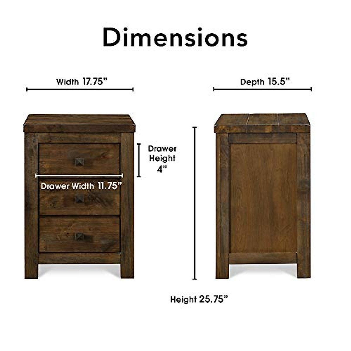 Finch Stratford Farmhouse Wooden Nightstand with 2 Drawers, Bedside End Table, Space Saving Design, Rustic Brown