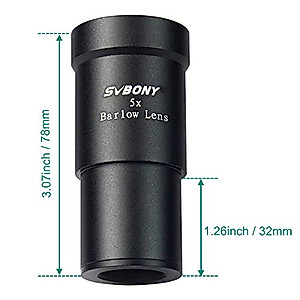 SVBONY Telescope Barlow Lenses, 1.25 Inch Telescope Accessory, Fully Metal Multi Coated Broadband Green Film Barlow Lens 5X for Telescope Astronomy Eyepiece