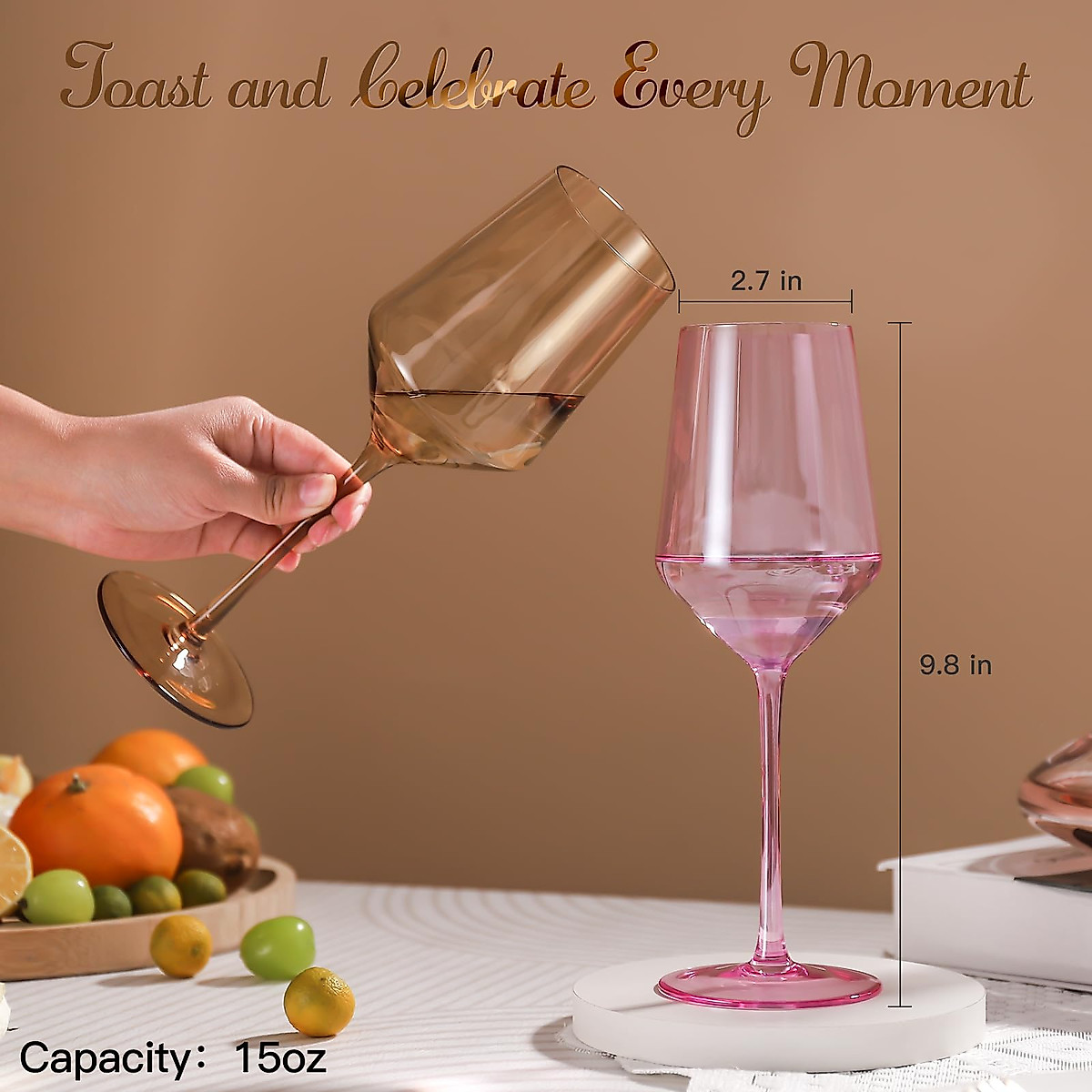 Physkoa Colored Wine Glasses Set 6-15oz Stemmed Colorful Wine Glasses with Long Stem,Multi Color Wine Glasses,Housewarming,Birthday Gifts for Women