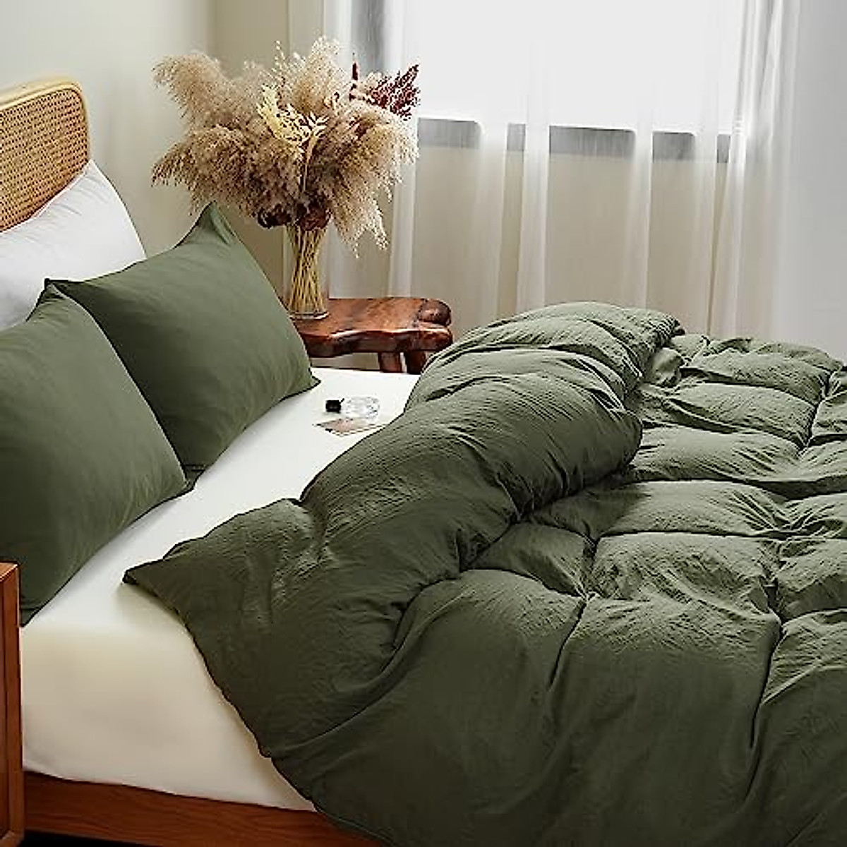 ATsense Duvet Cover King Size, 100% Washed Microfiber Like Washed Cotton Super Soft and Breathable, 3 Piece Olive Green Comforter Cover Bedding Set, Simple Style Farmhouse Quilt Cover